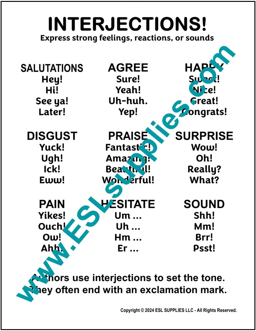 Interjections- ESL ELD English Grammar Education Classroom Poster – ESL ...