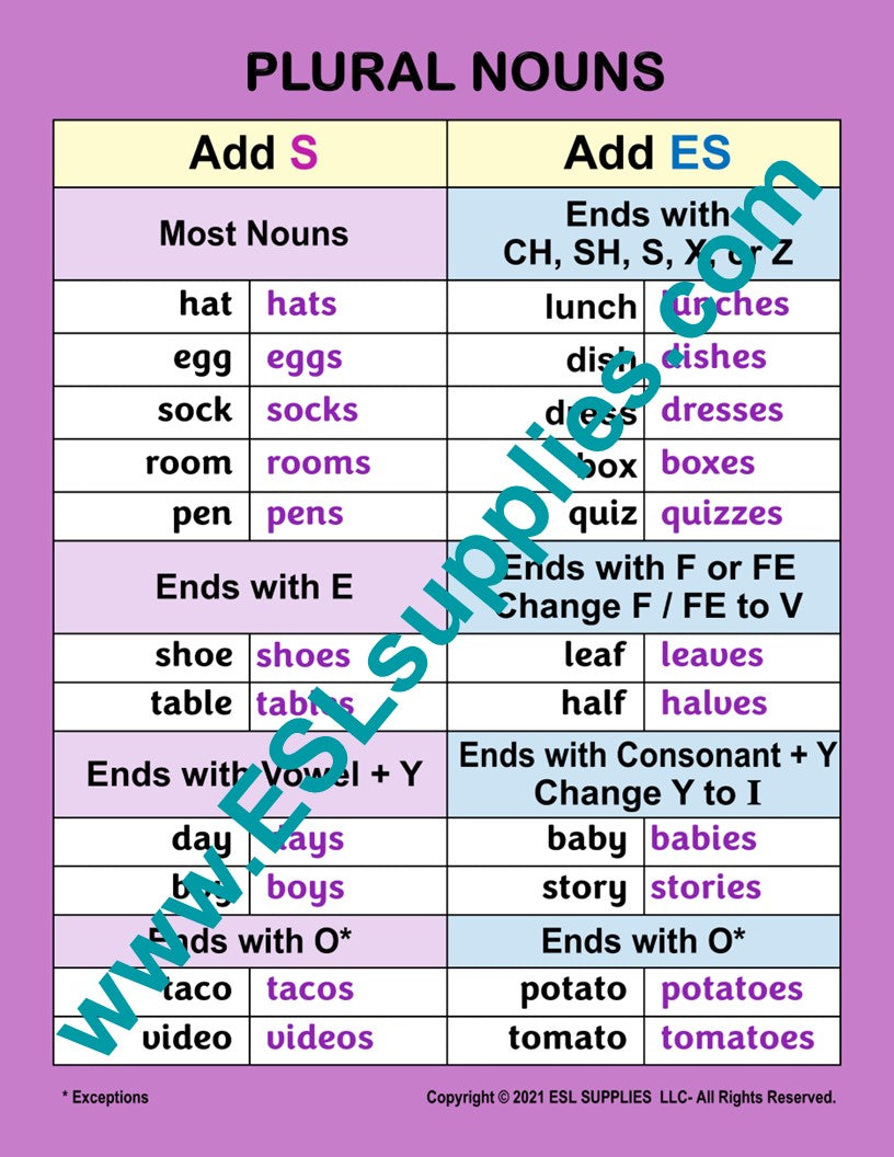 Plural Nouns- ESL ELD English Language Grammar Classroom Poster – ESL ...