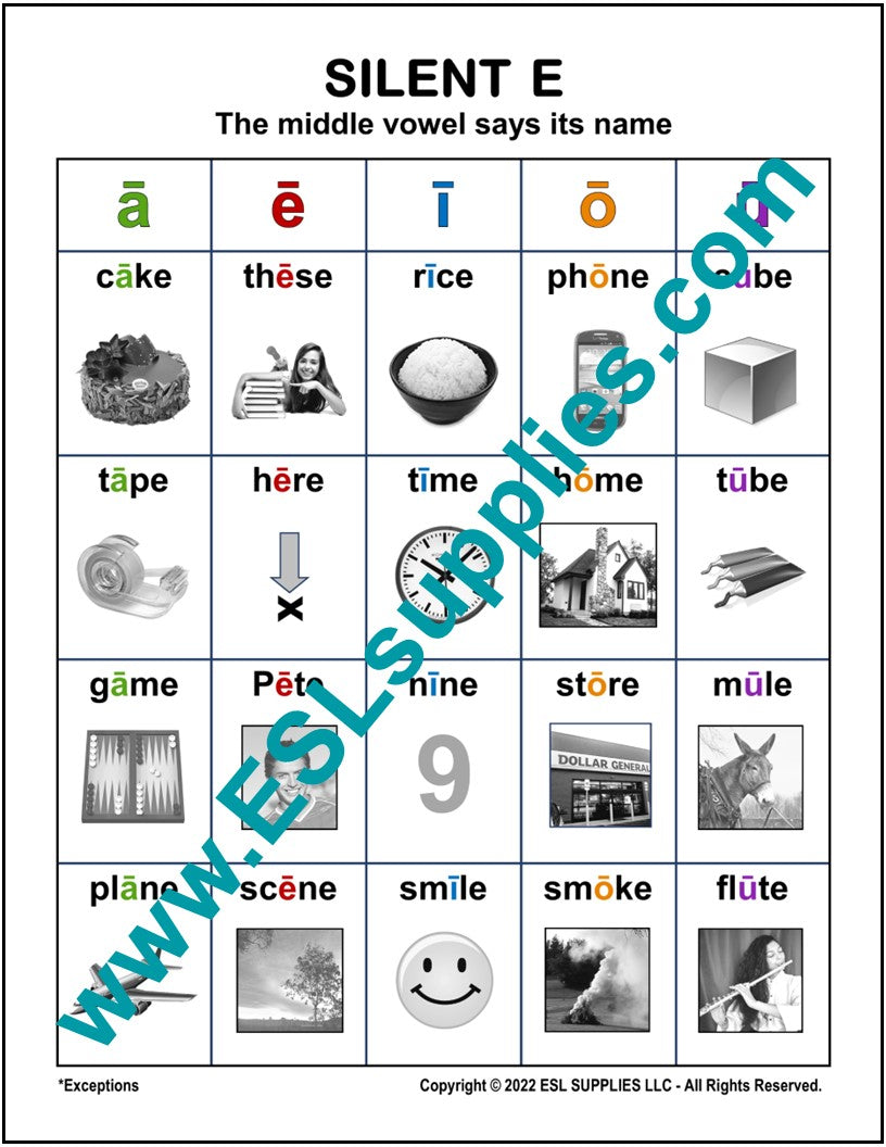 Silent E Vowels- ESL ELD English Phonics Education Classroom Poster ...