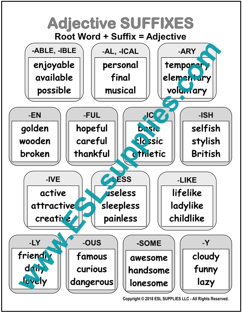 Adjective Suffixes- ESL ELD English Vocabulary Classroom Poster Word ...