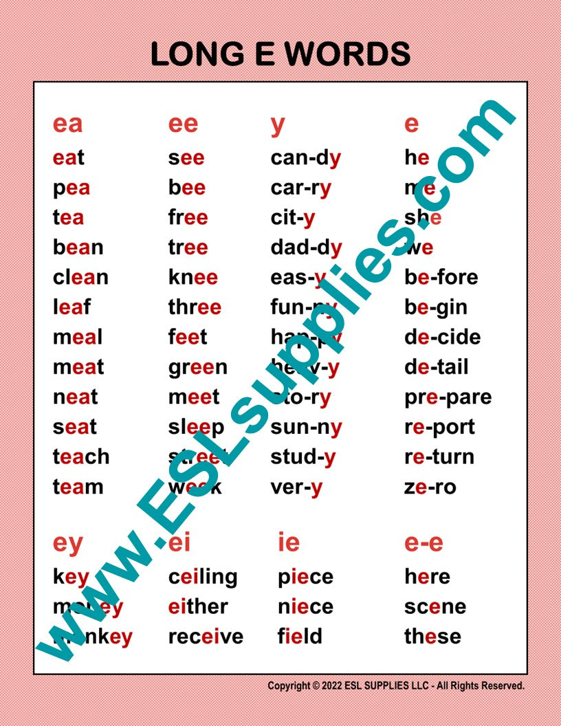 Long E Word List ESL Reading Poster K12 Adult Classroom Anchor Chart long-e-word-list-esl-reading-poster-k12-adult-classroom-anchor-chart