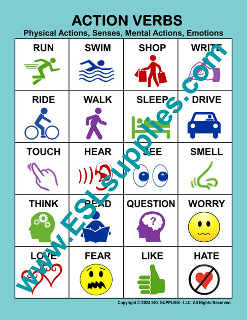Verbs- ESL ELD English Grammar Classroom Posters Educational Charts ...