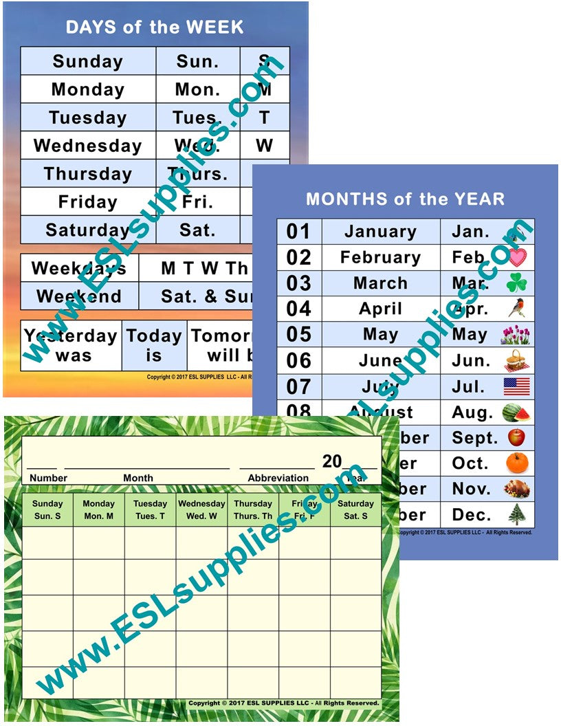 Calendar Set ESL English Math Education Classroom Poster Chart – ESL ...
