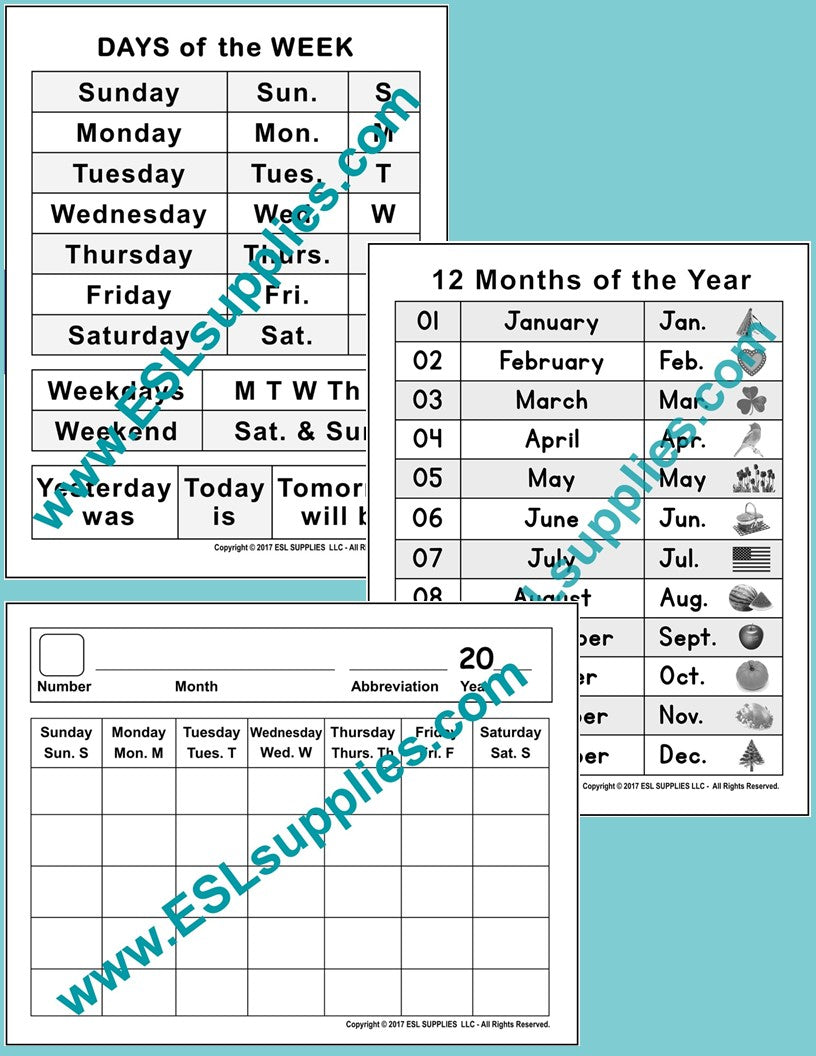 Calendar Set ESL English Math Education Classroom Poster Chart – ESL ...