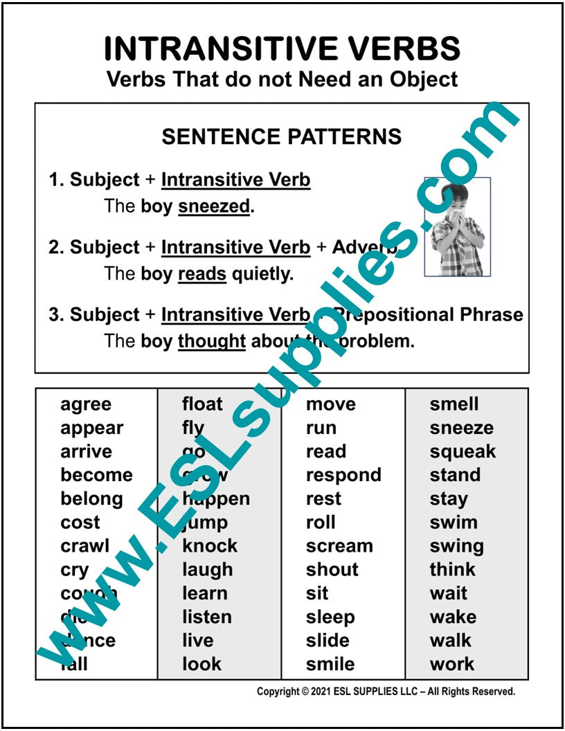 Intransitive Verbs- ESL ELD English Language Classroom Poster Chart ...