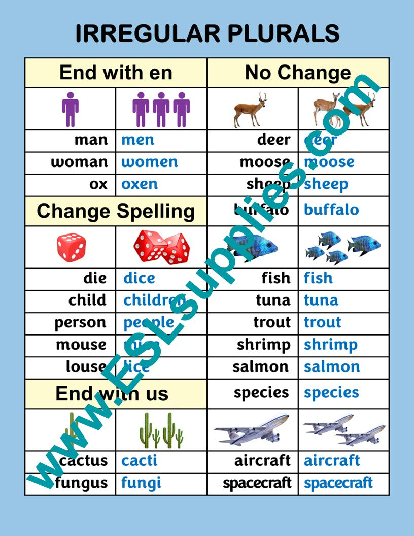 Irregular Plurals - ESL Grammar Poster, English Classroom Anchor Chart ...