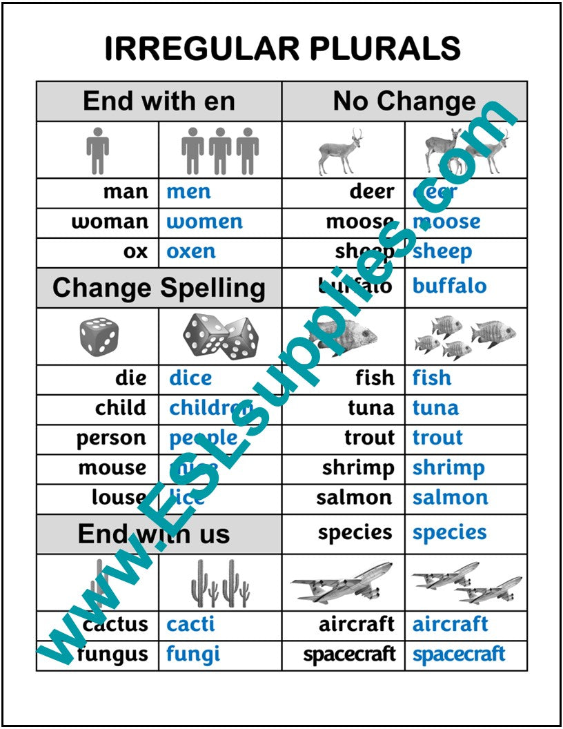 Irregular Plurals - ESL Grammar Poster, English Classroom Anchor Chart ...