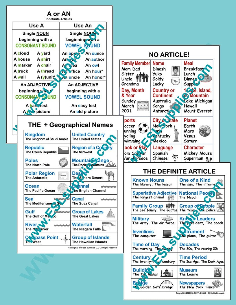 Article Set- ESL ELD English Language Grammar Classroom Poster Chart ...
