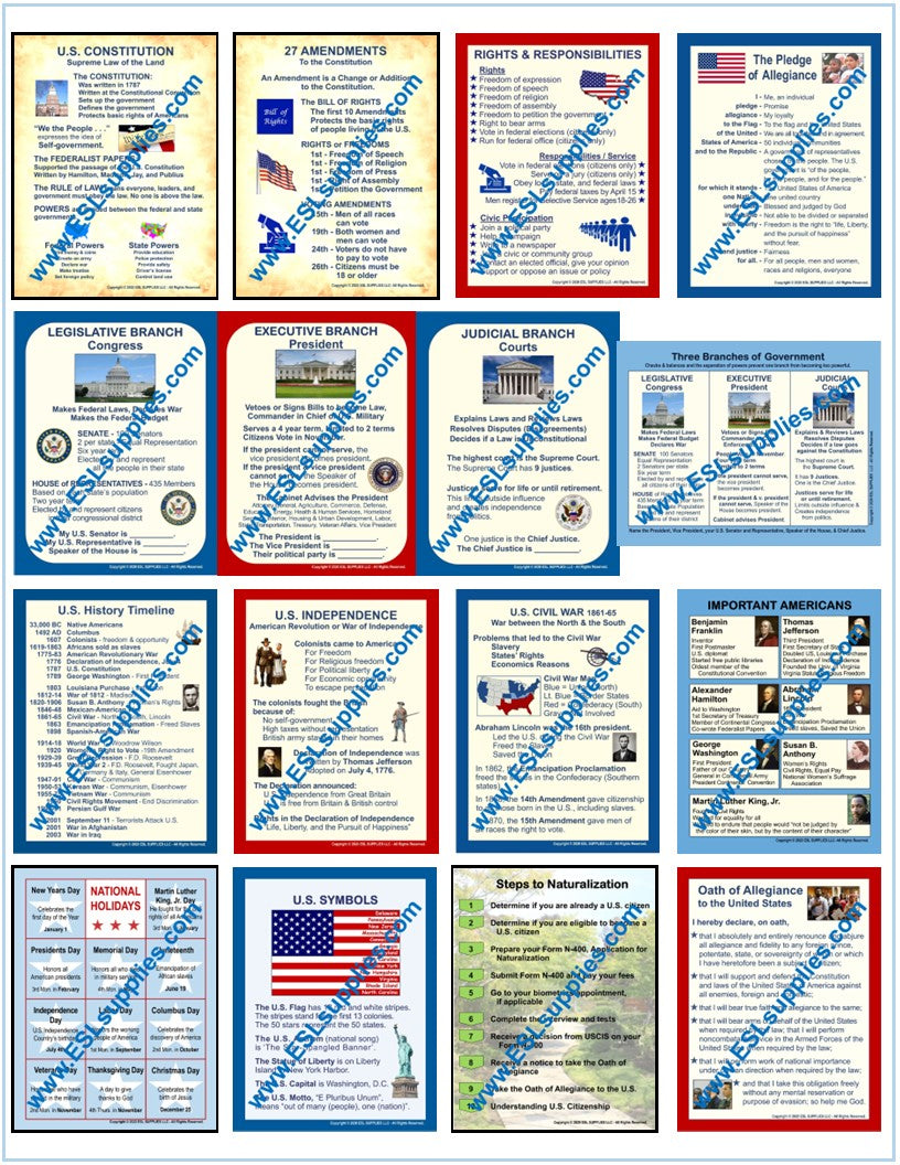 U. S. Citizenship Set (16) Civics Educational Classroom Poster Chart ...