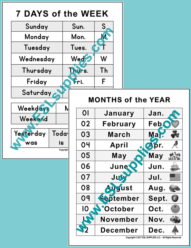 Days & Months Set (4) - ESL Classroom Poster, English Anchor Chart ...