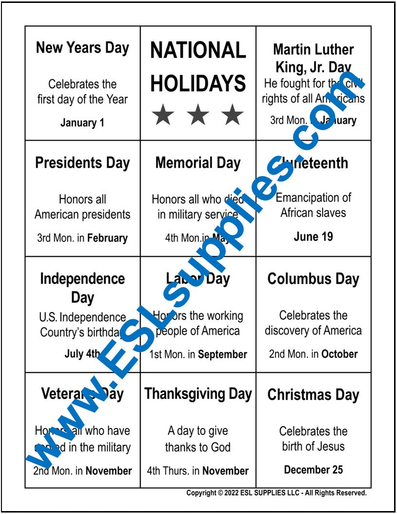 National Holidays -U.S. Citizenship Civics Educational Classroom Poster ...