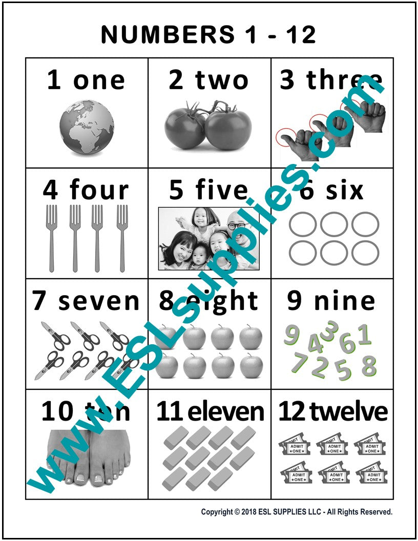 Numbers 1-12 ESL Math Education Classroom Poster Chart – ESL Supplies LLC