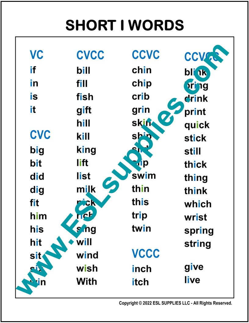 Short I Word List ESL English Language Classroom Poster Chart ESL short-i-word-list-esl-english-language-classroom-poster-chart-esl
