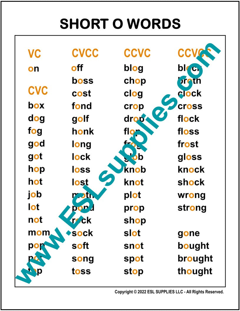 Short O Word List ESL English Language Classroom Chart Poster Adult K12 Short O Word List ESL English Language Classroom Chart Poster Adult K12