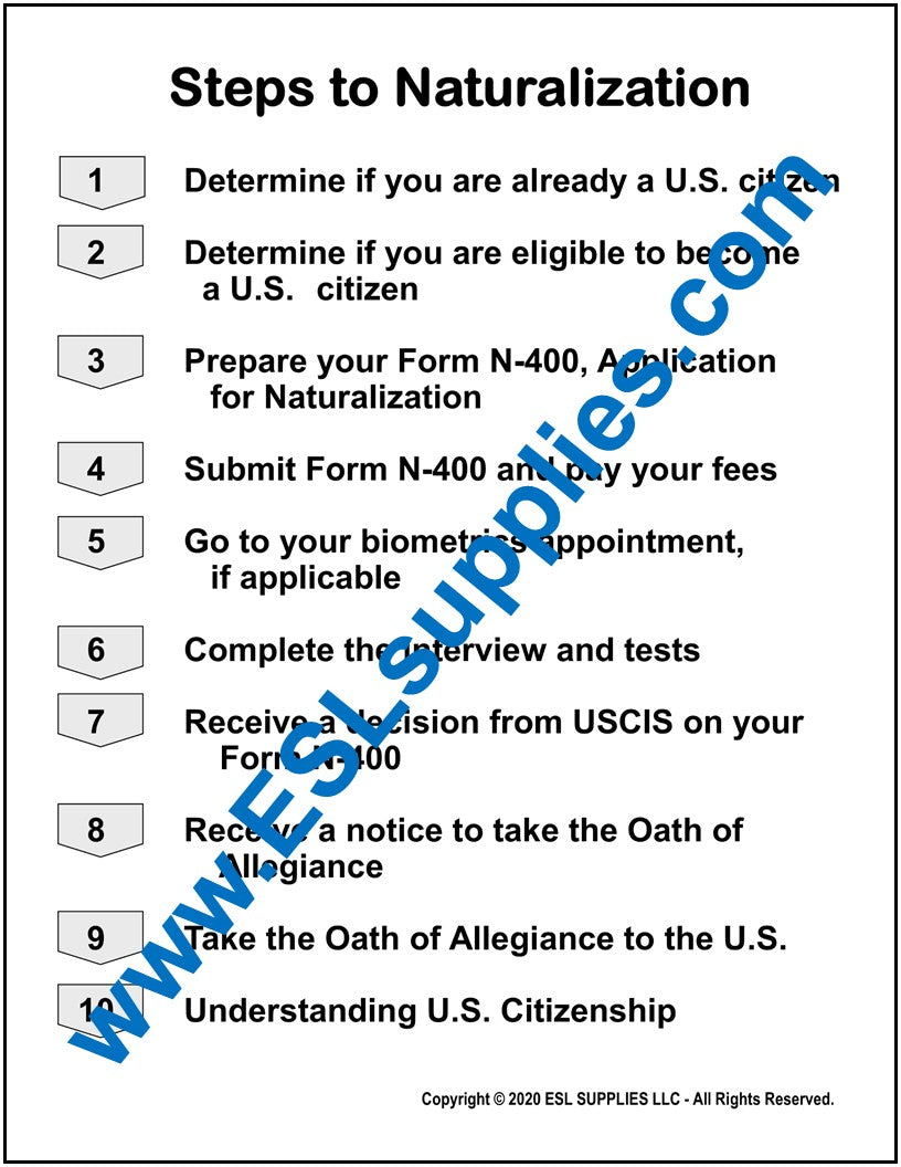 Steps to Naturalization-Citizenship Civics Educational Classroom Poster ...