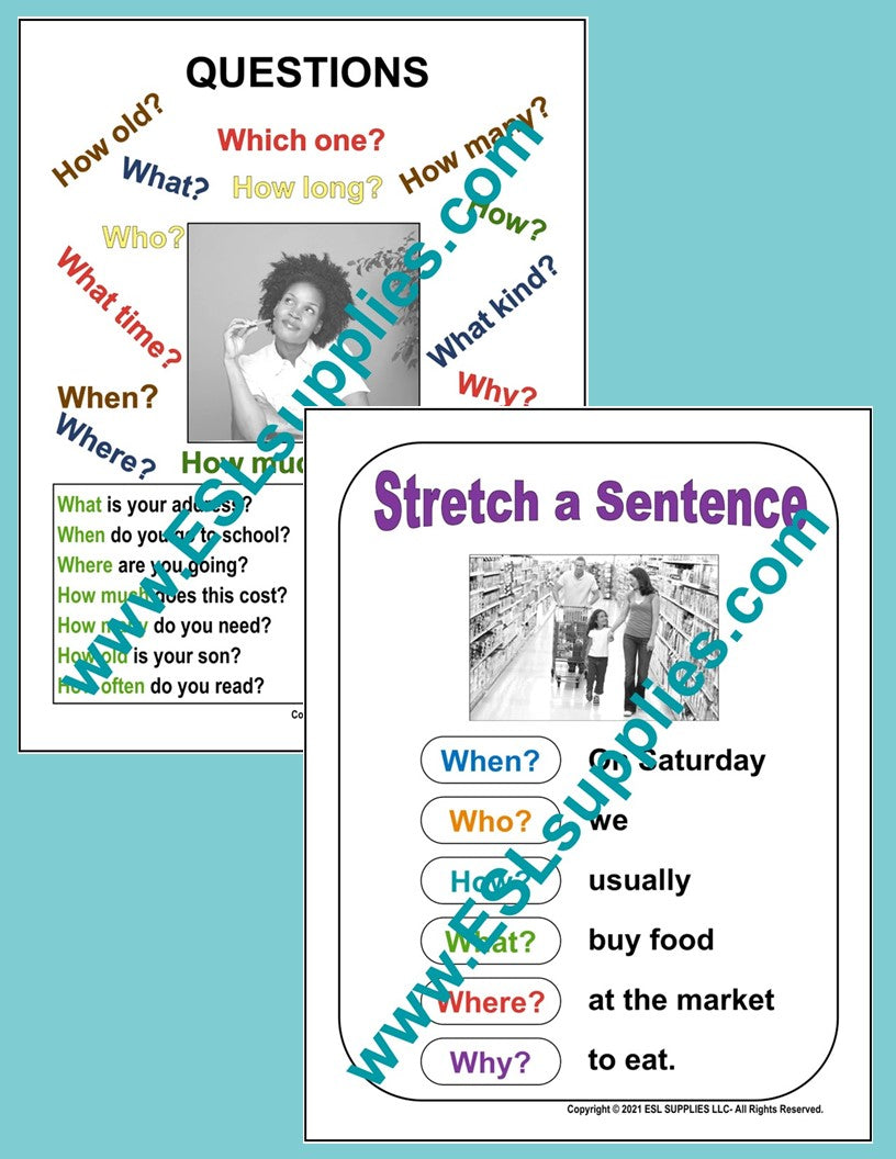 Stretch a Sentence & Questions-ESL English Language Classroom Poster ...