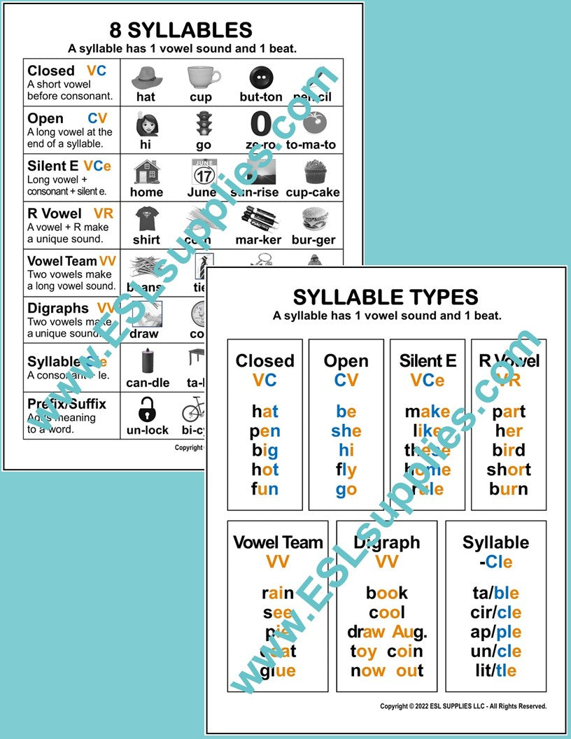 Basic Syllable Set- ESL ELD English Literacy Reading Classroom Poster ...
